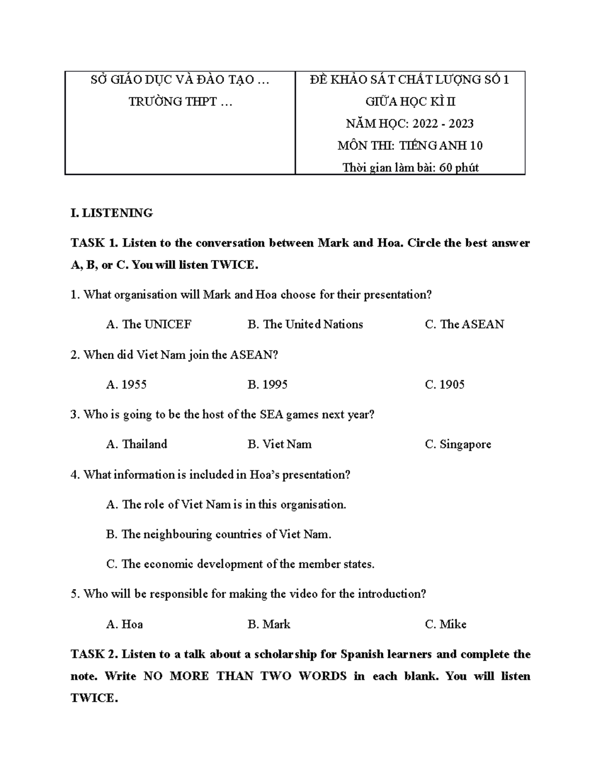 De thi giua hoc ki 2 tieng anh lop 10 ket noi tri thuc nam 2022 2023 - SỞ GIÁO DỤC VÀ ĐÀO TẠO ...