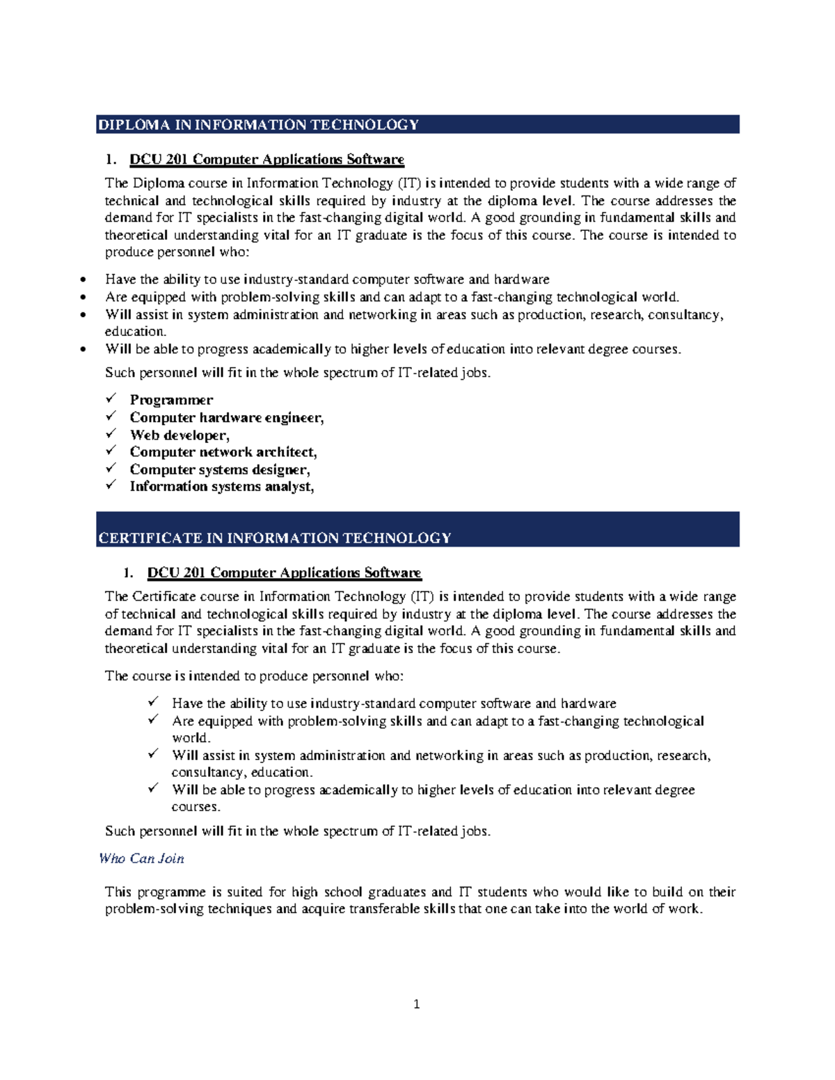 CIT - DIT CAS Notes (11) - DIPLOMA IN INFORMATION TECHNOLOGY DCU 201 ...