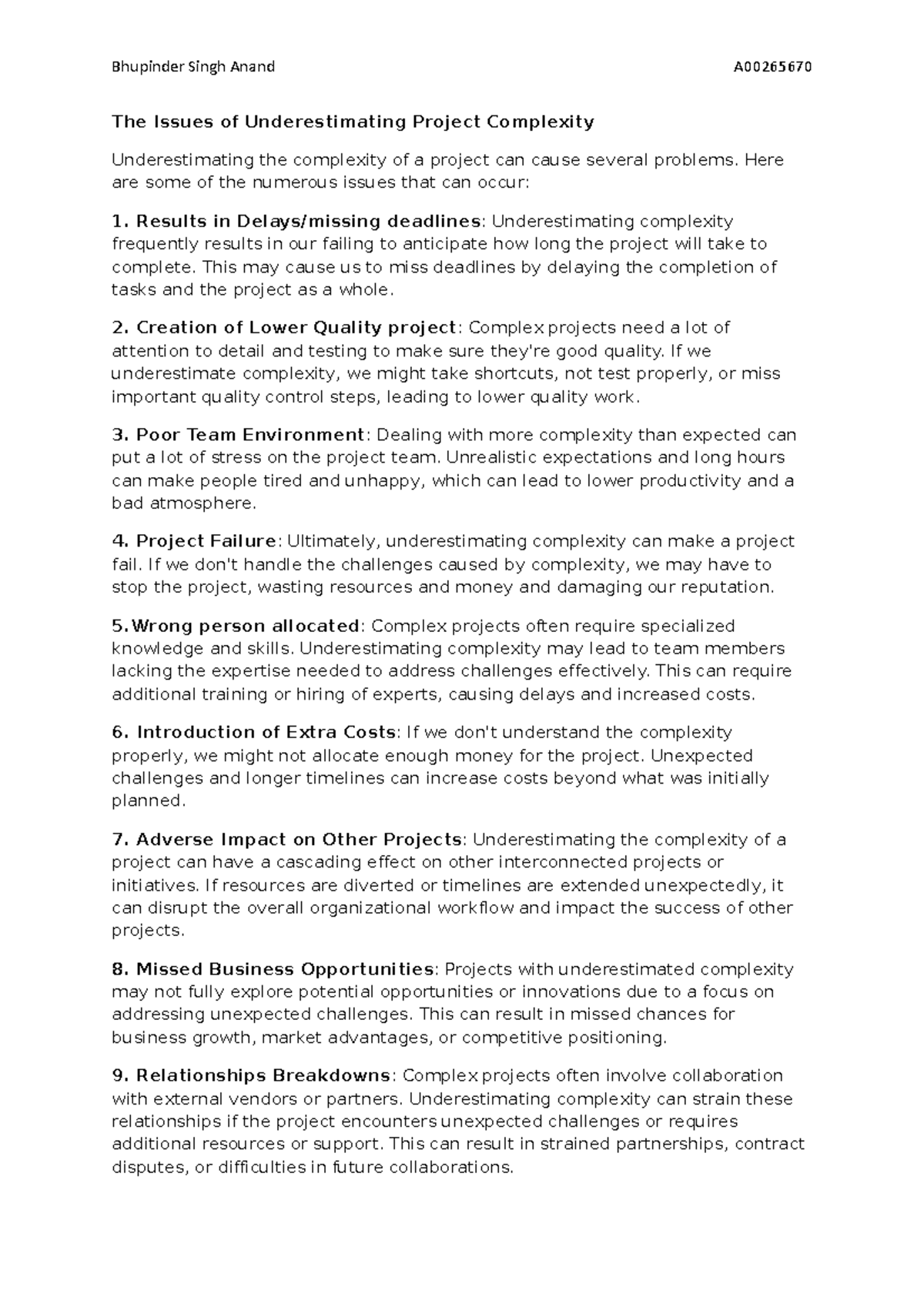 The Issues of Underestimating Project Complexity - EASL12345 - Sheridan ...