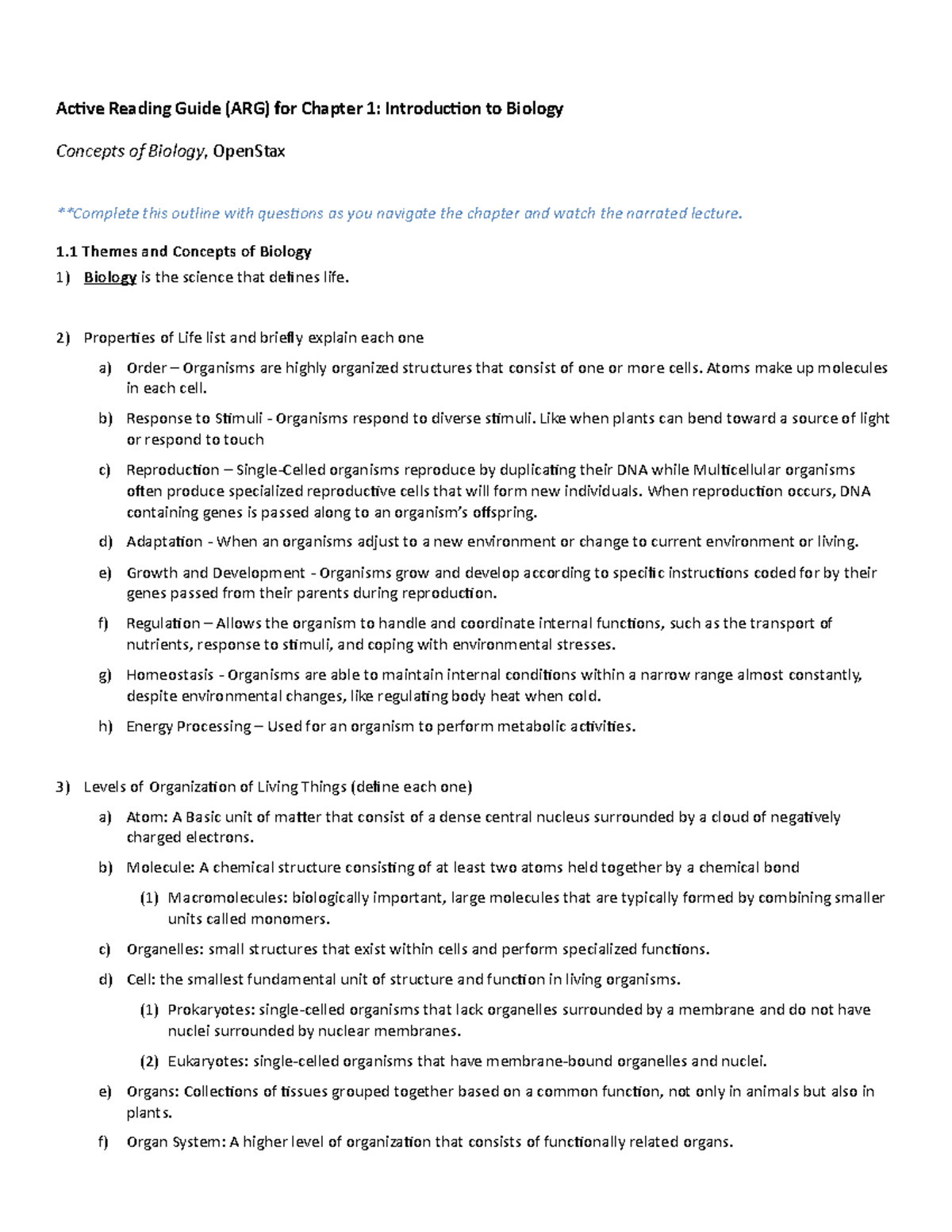 Chapter 1 ARG - n/a - Active Reading Guide (ARG) for Chapter 1: Introduction to Biology Concepts ...