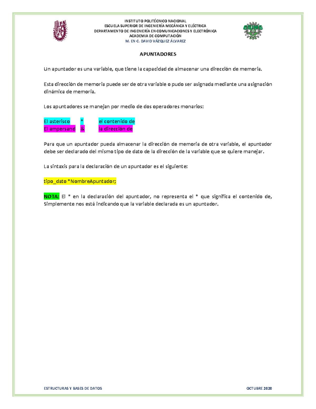 Apuntadores 1 - ewgrwg - INSTITUTO POLITÉCNICO NACIONAL ESCUELA ...