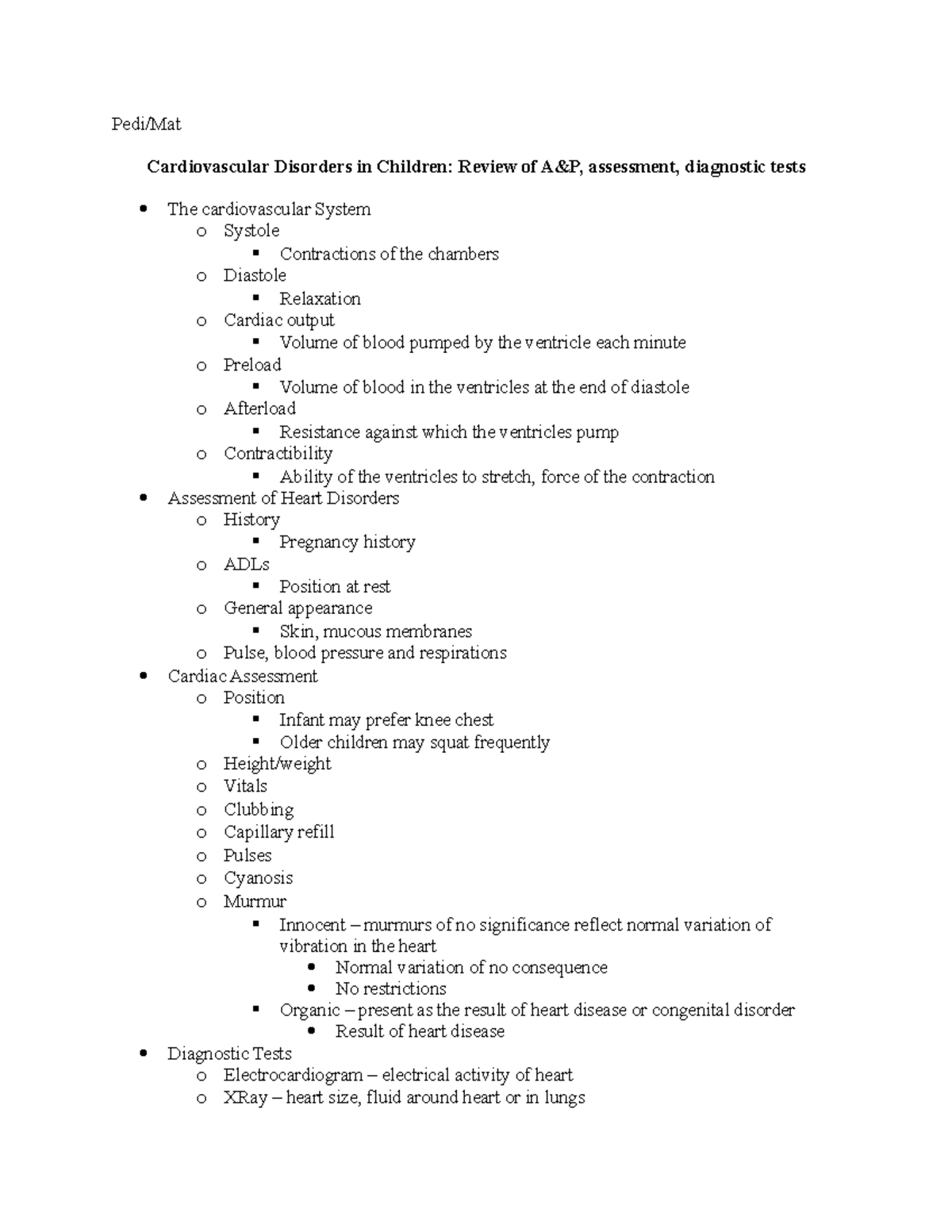 Cardio Pedi - Pediatric Cardiac Disorders. Covered in class. Important ...