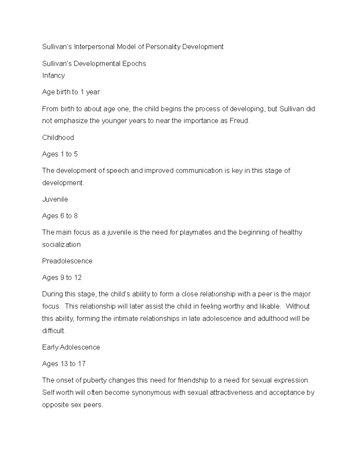 Sullivan’s Interpersonal Model of Personality Development ...