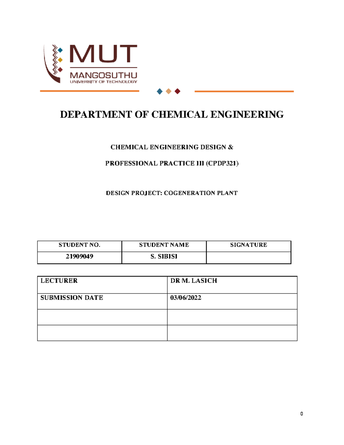 21909049 Design Project DEPARTMENT OF CHEMICAL ENGINEERING CHEMICAL