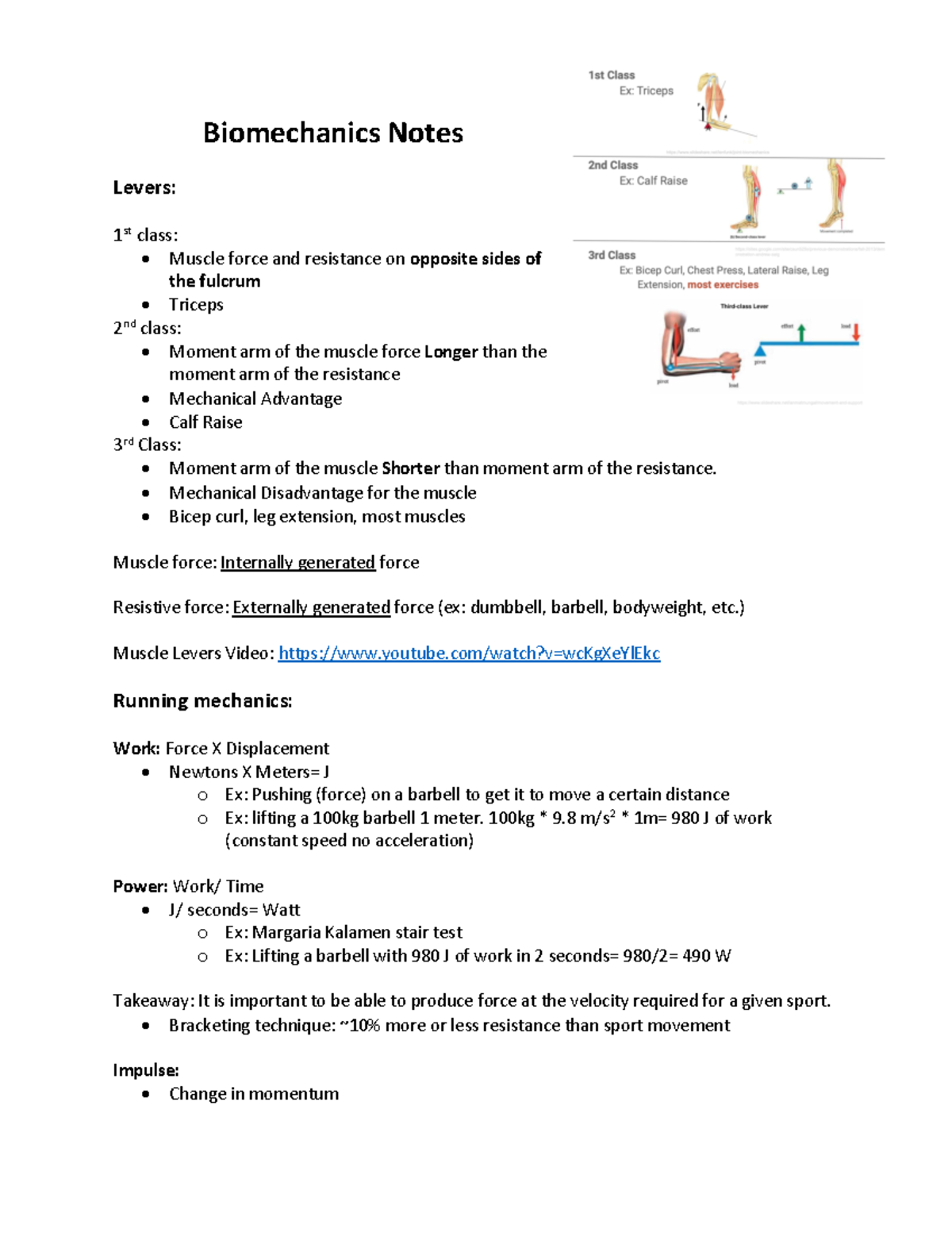 Biomechanics Notes - Biomechanics Notes Levers: 1 st class: - Muscle ...