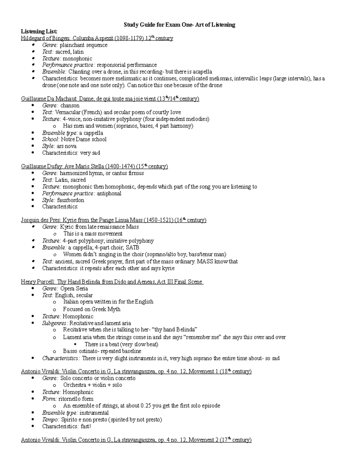 Lecture notes - exam notes for exam 1 - Study Guide for Exam One- Art ...