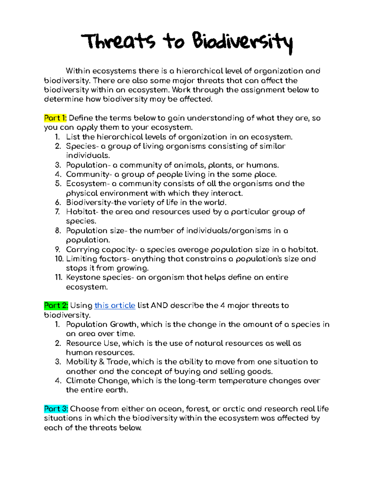 Promyse Watson - Threats to Biodiversity - 2580 - Studocu