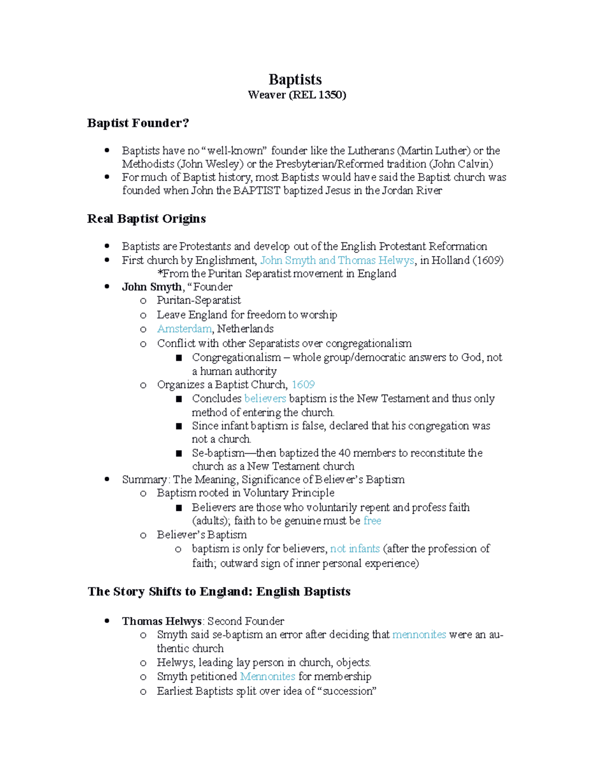 Baptists - Class filled in notes - Baptists Weaver (REL 1350) Baptist ...