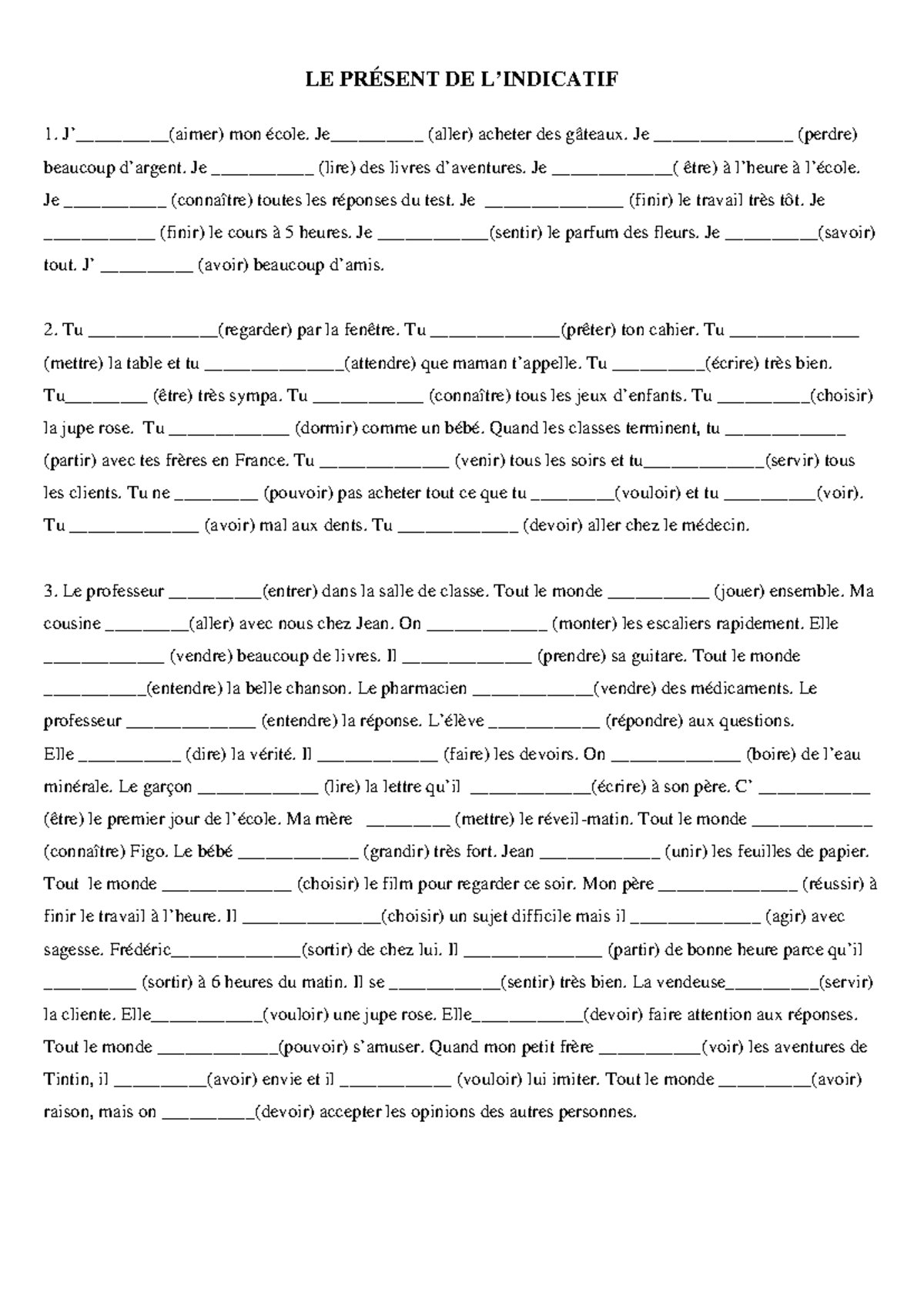 Le prc3a9sent de lindicatif fiche de travail par sujets - LE PRÉSENT DE ...