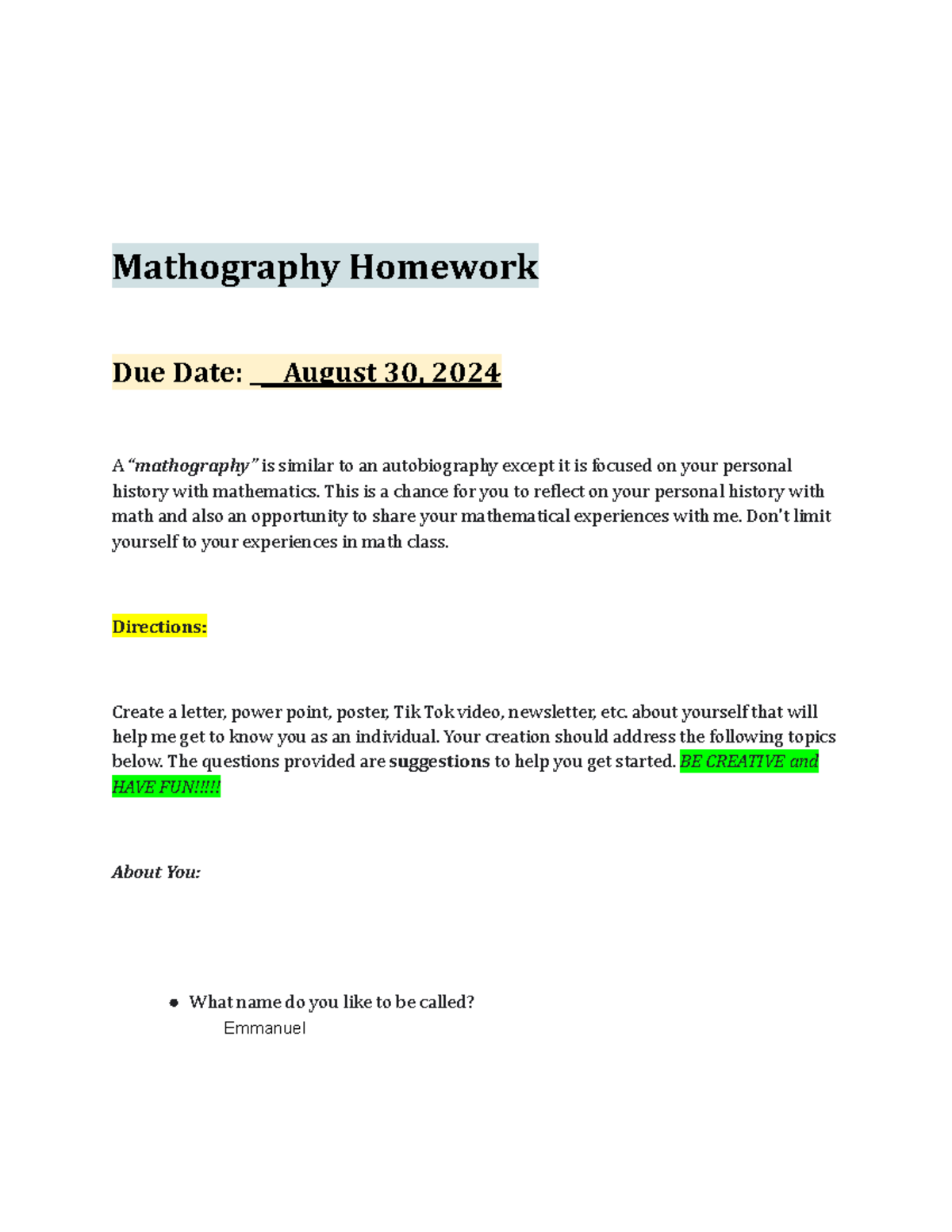 Copy of Week 1 Mathography Homework - Mathography Homework Due Date ...