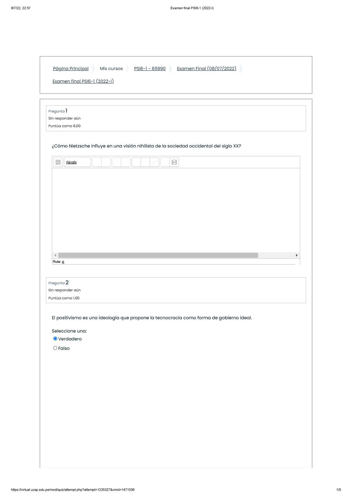Examen final PSI6-1 (2022-I) - Página Principal Mis cursos PSI6-1 ...