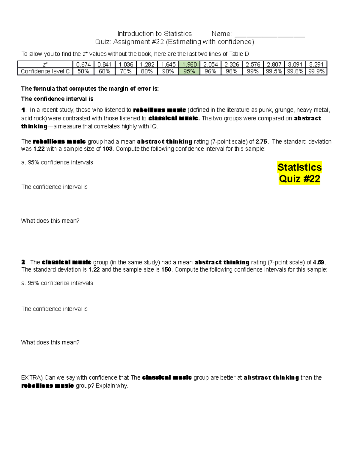 UA Stat Quiz #22 - Stats Quiz 22 - Introduction to Statistics Name ...