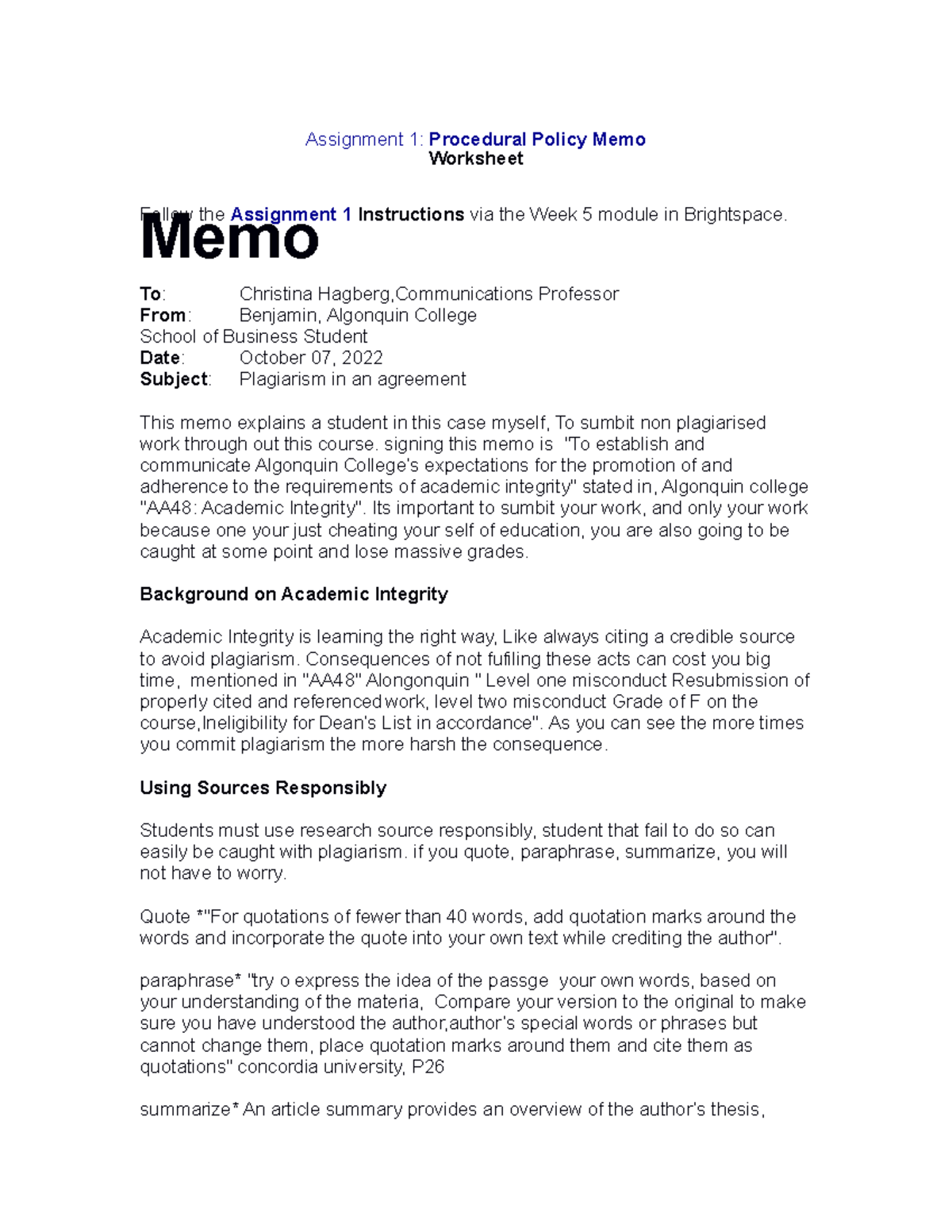 As1 Yourlastname Yourfirstname - Assignment 1: Procedural Policy Memo ...