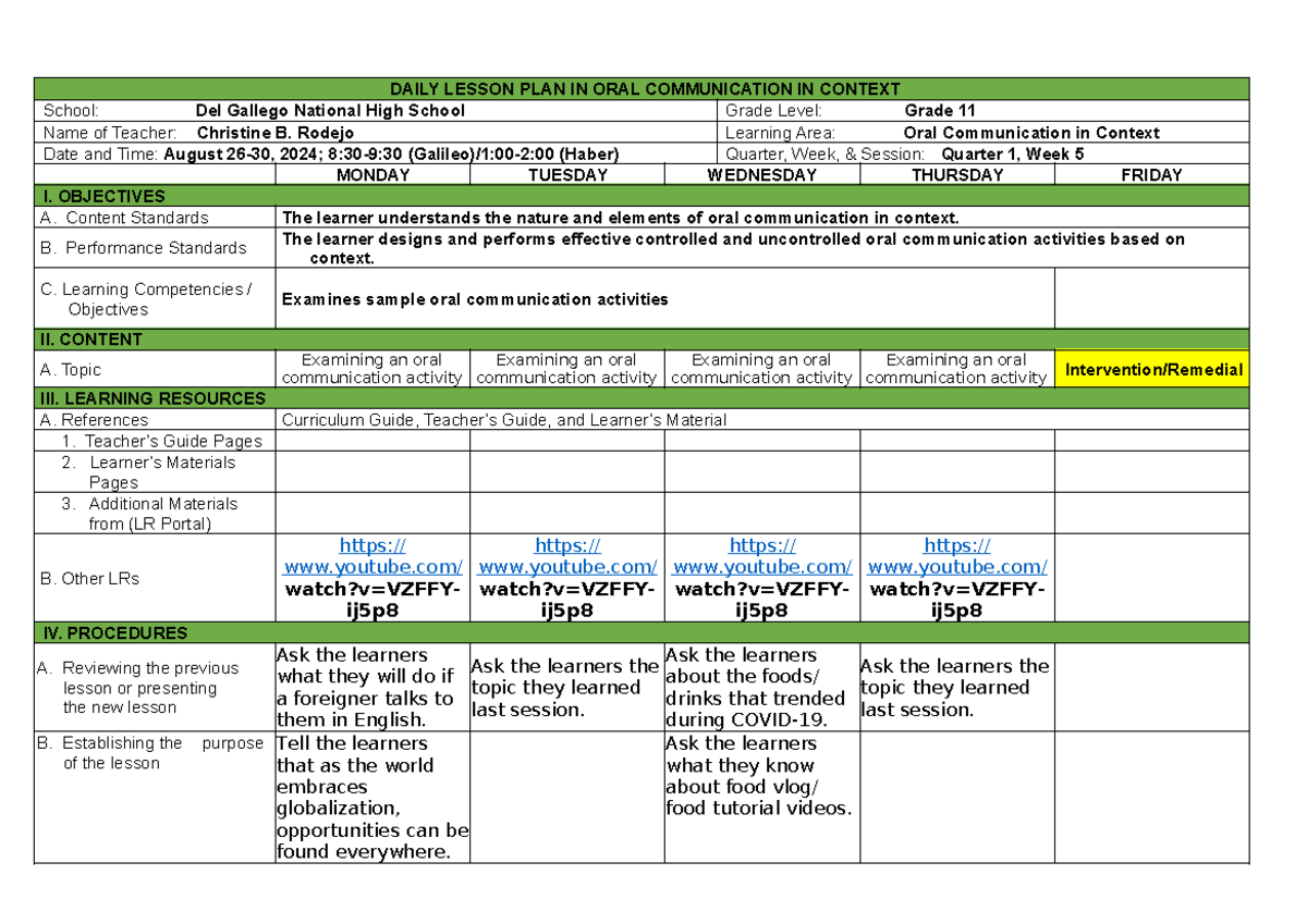 Oral Comm Week5 - Nice - DAILY LESSON PLAN IN ORAL COMMUNICATION IN ...