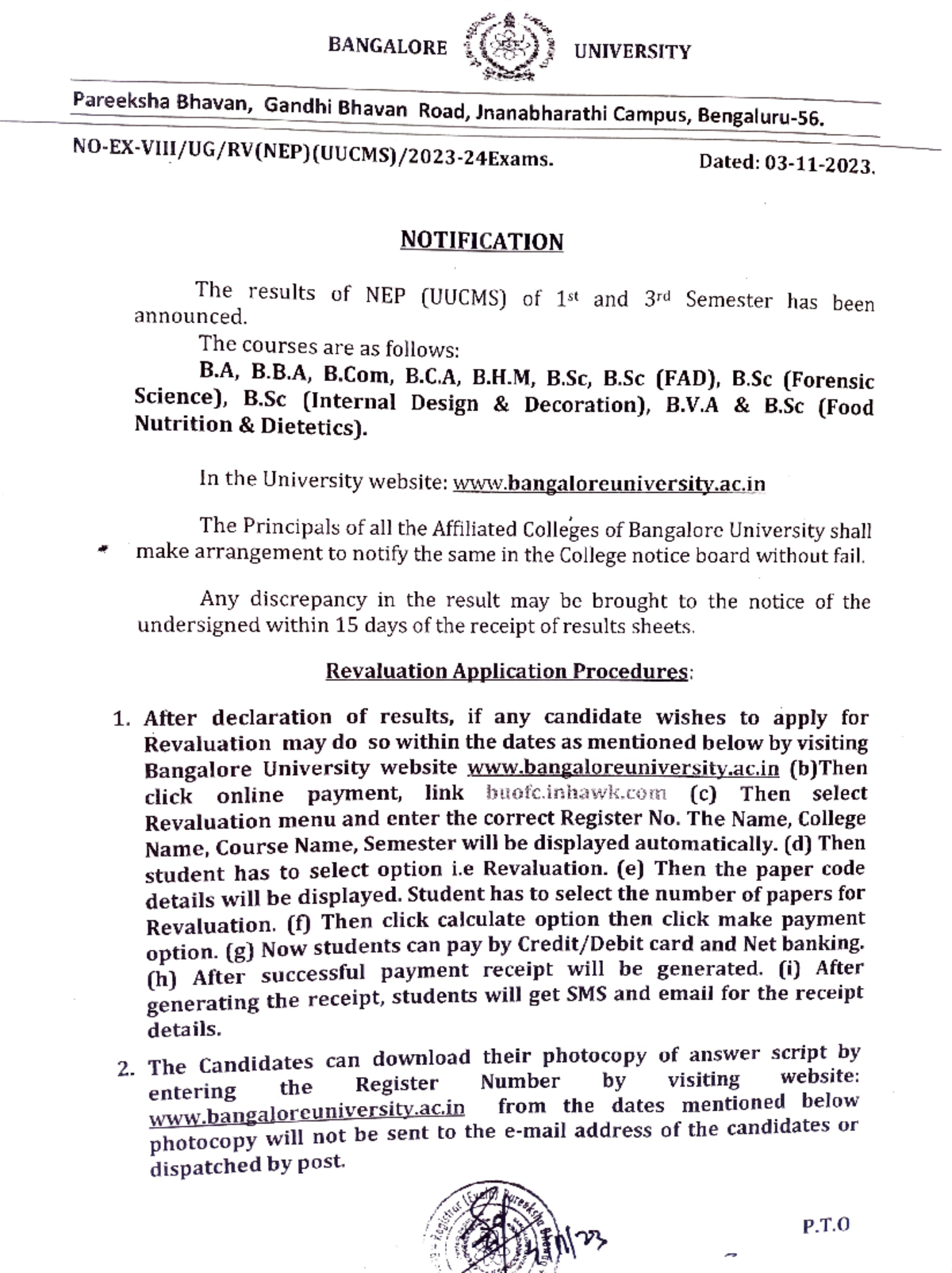 C1R16906 Reval fee notification of NEP all courses - BANGALORE ...