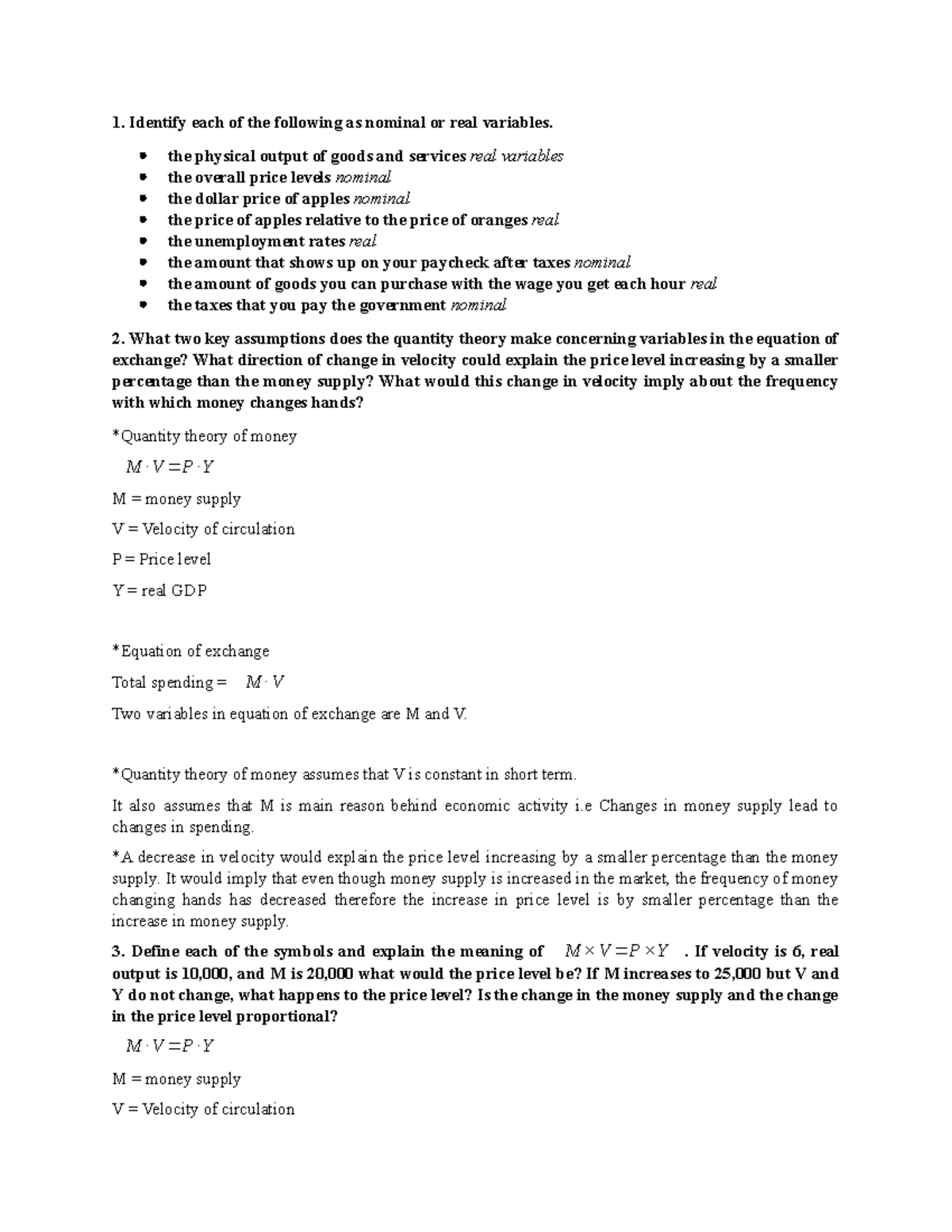 Exercise calculating GDP - Macroeconomics 1 - 1. Identify each of the ...