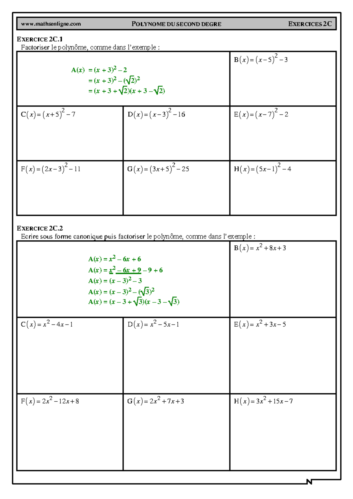Chap 01 - Ex 2C - Factorisations avec la forme canonique - Corrige ...