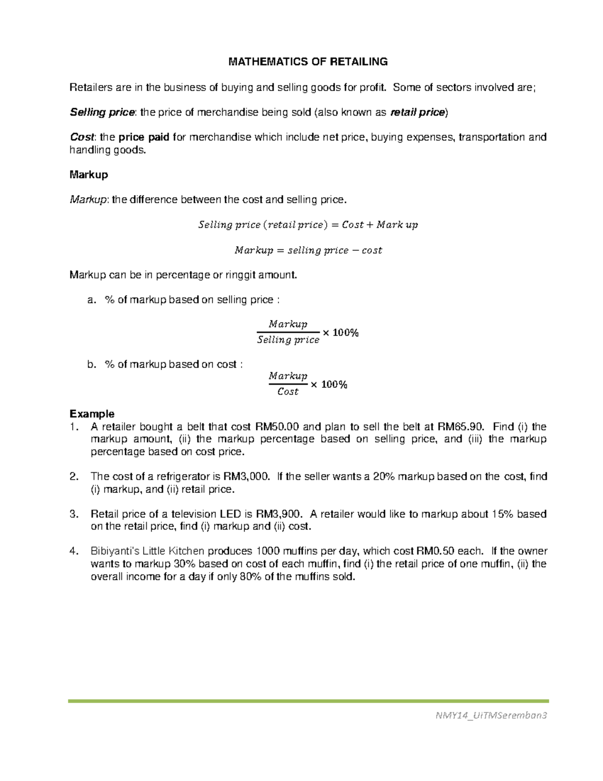 Chapter 8 - Mathematics Retailing - MATHEMATICS OF RETAILING Retailers ...