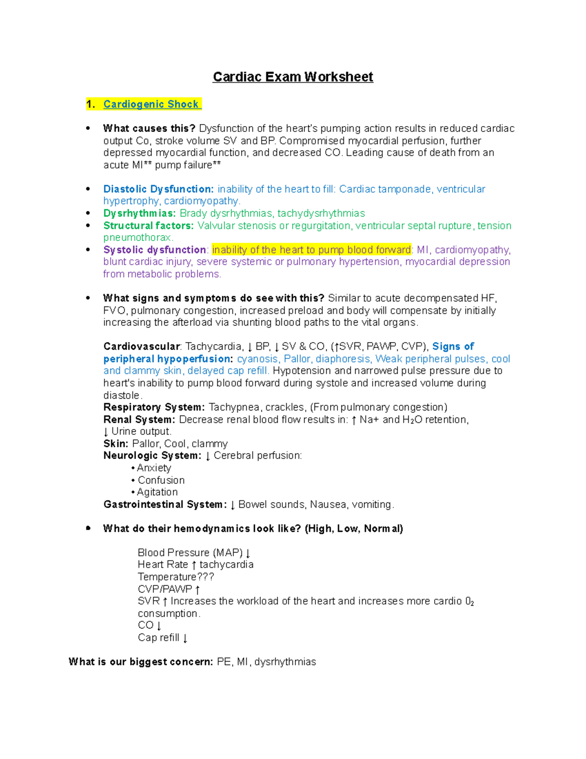 Unit 1 cardiac study guide - Cardiac Exam Worksheet Cardiogenic Shock What causes this? - Studocu