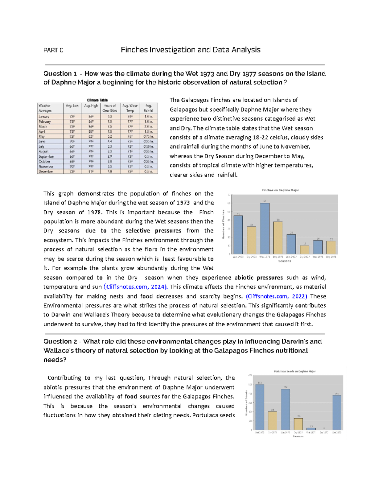 Part C Depth Study Assesment Task 2 - PART C Finches Investigation and ...