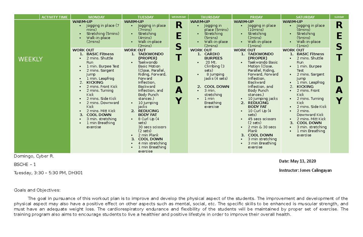 PE - ACTIVITY TIME MONDAY TUESDAY WEDNESDAY THURSDAY FRIDAY SATURDAY ...
