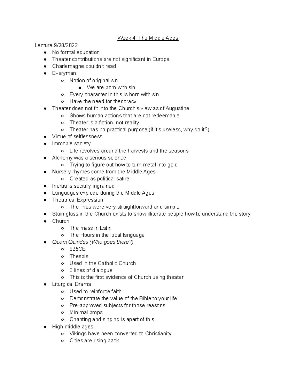 Week 4 The Middle Ages - Week 4: The Middle Ages Lecture 9/20/ No ...