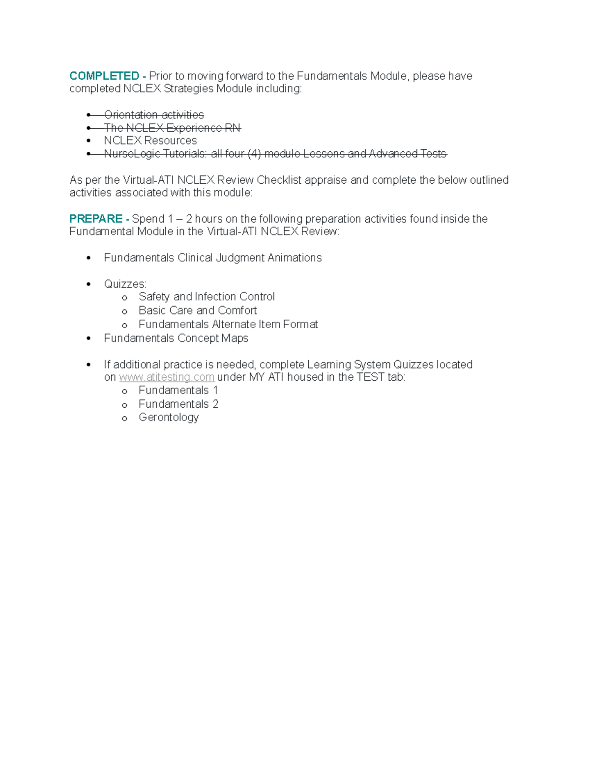 Fundamentals Checklist - COMPLETED - Prior to moving forward to the ...