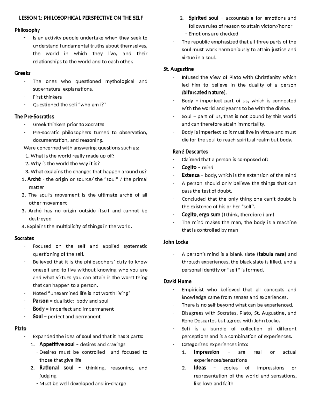 Understanding the Self L1-L4 Reviewer - LESSON 1: PHILOSOPHICAL PERSPECTIVE ON THE SELF ...