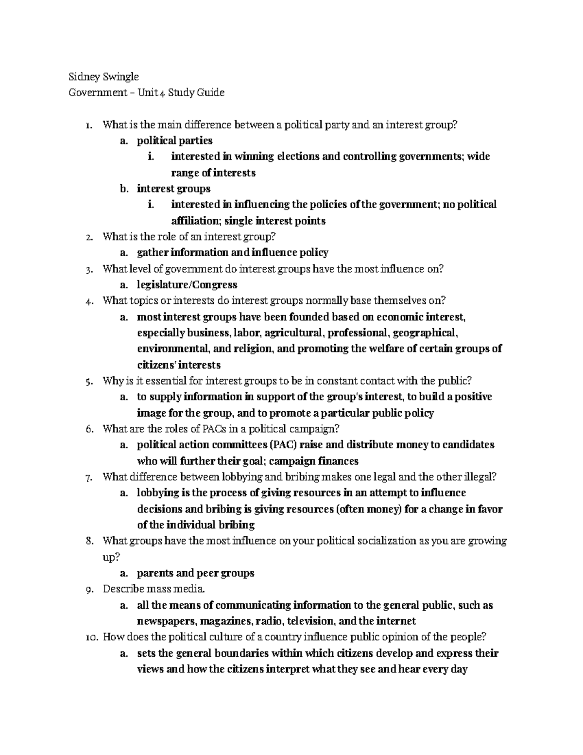 Government - Unit 4 Study Guide - Sidney Swingle Government - Unit 4 ...