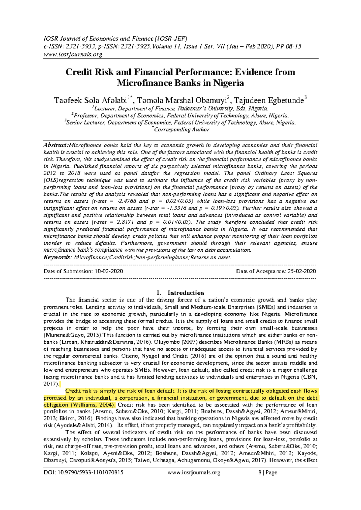 Credit Risk and Financial Performance rrl - IOSR Journal of Economics ...