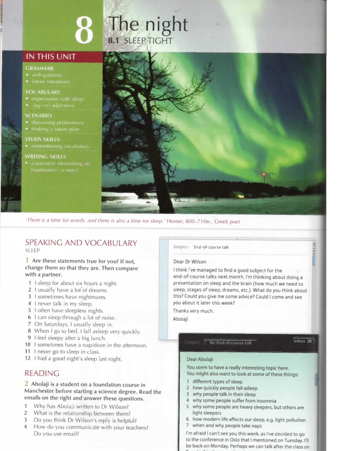 Pages 62-63 and 117 Verb Pattern - 8 The night 8 SLEEBTIGHT 'There is a ...