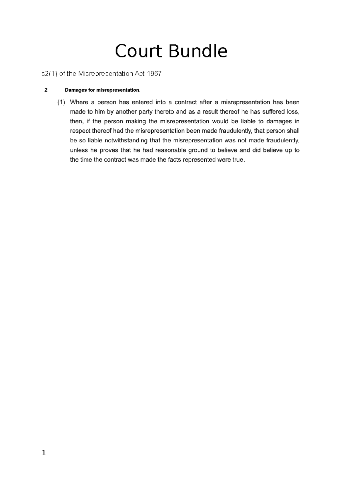 Contract Court Bundle - Court Bundle s2(1) of the Misrepresentation Act ...