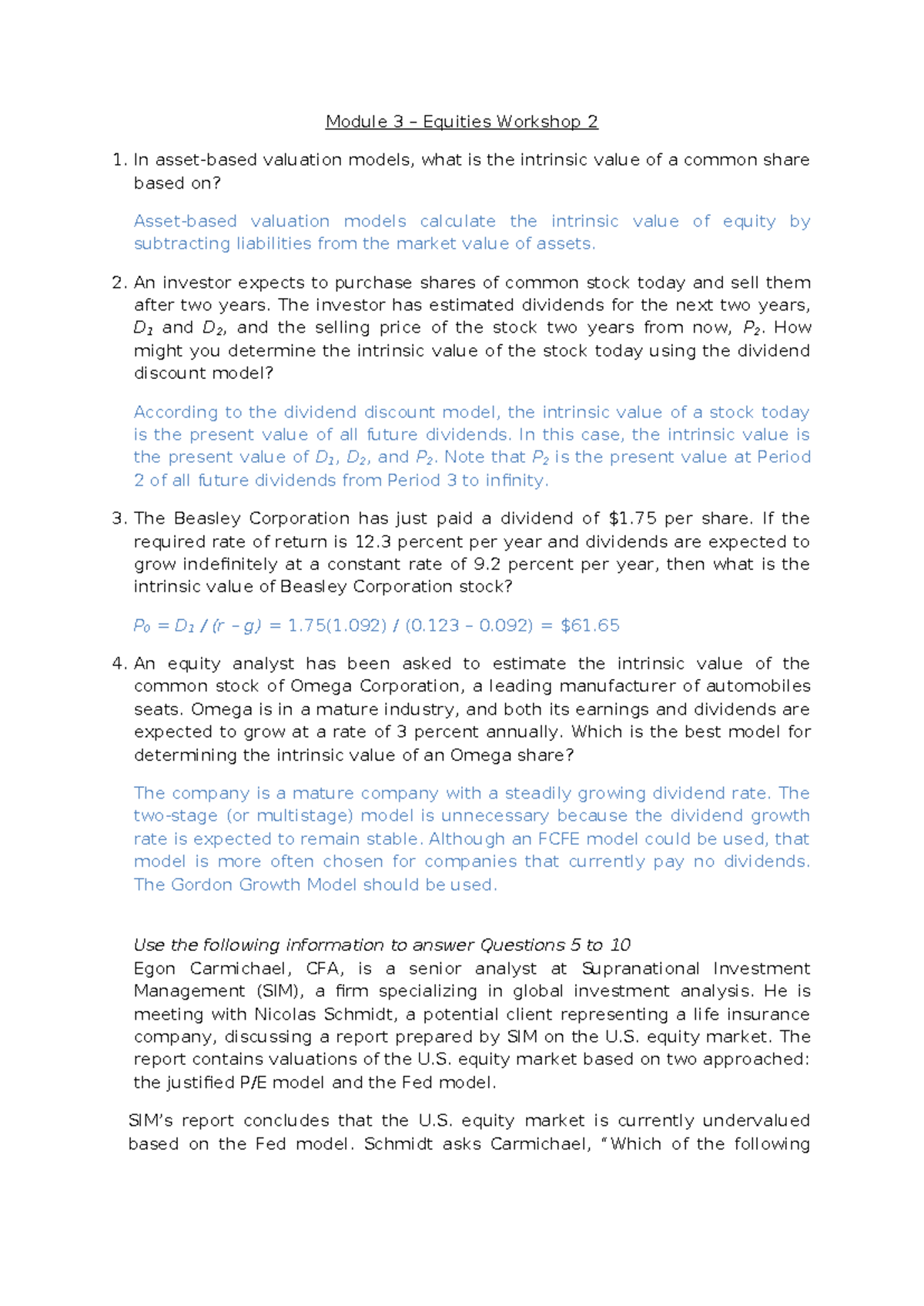 3 Equity 2 Workshop Answers revised - Module 3 – Equities Workshop 2 In ...