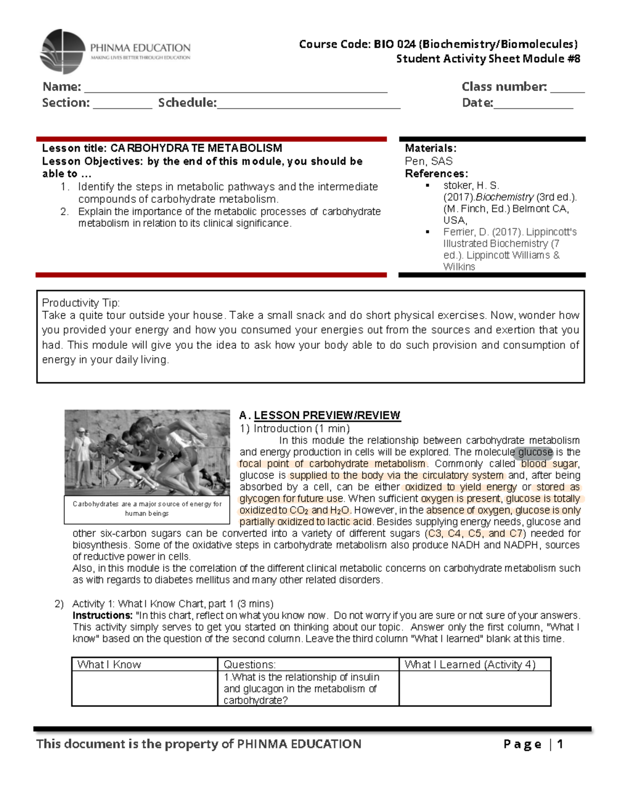 SAS for Biochemistry (BIO 024) Module #8 - Student Activity Sheet ...