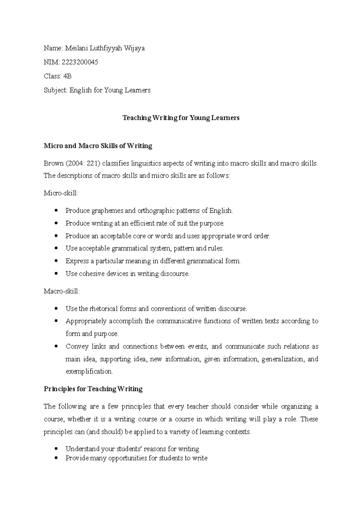 Summary of Teaching Writing for Young Learners - Name: Meilani ...