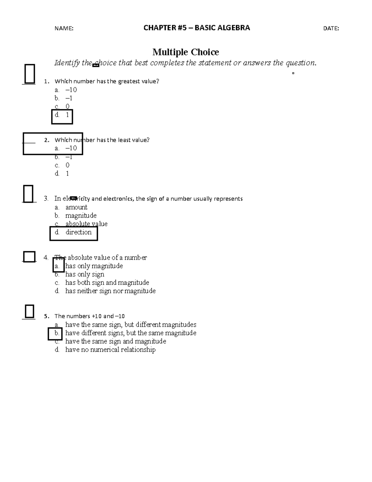 Chapter #5 Exam - Basic Algebra - Multiple Choice Identify the choice ...