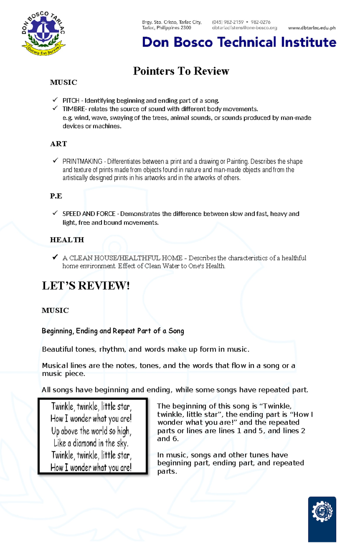 Q3 Mapeh 1 MST Reviewer - Pointers To Review MUSIC PITCH - Identifying ...