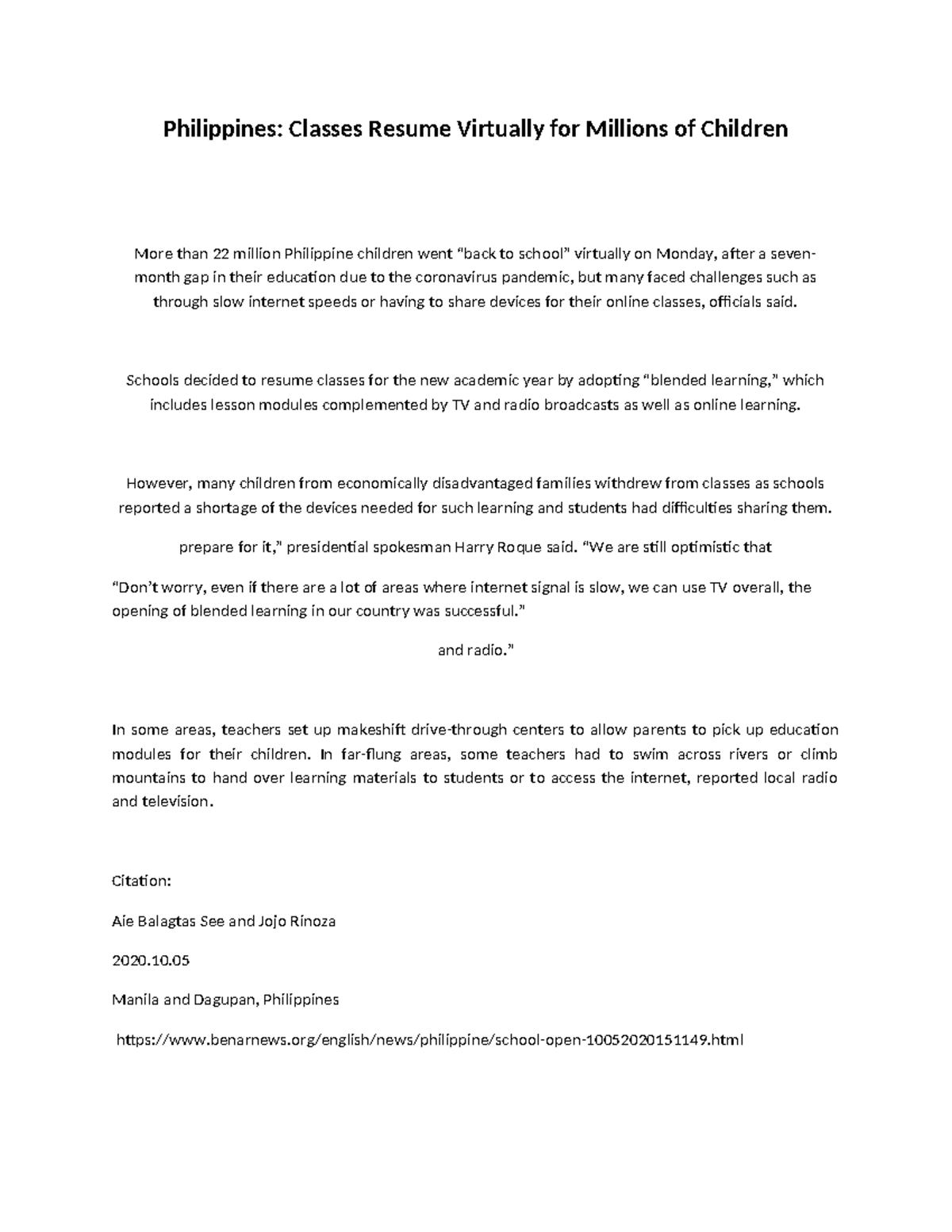 News article - This essay is a reaction paper about a news in the ...