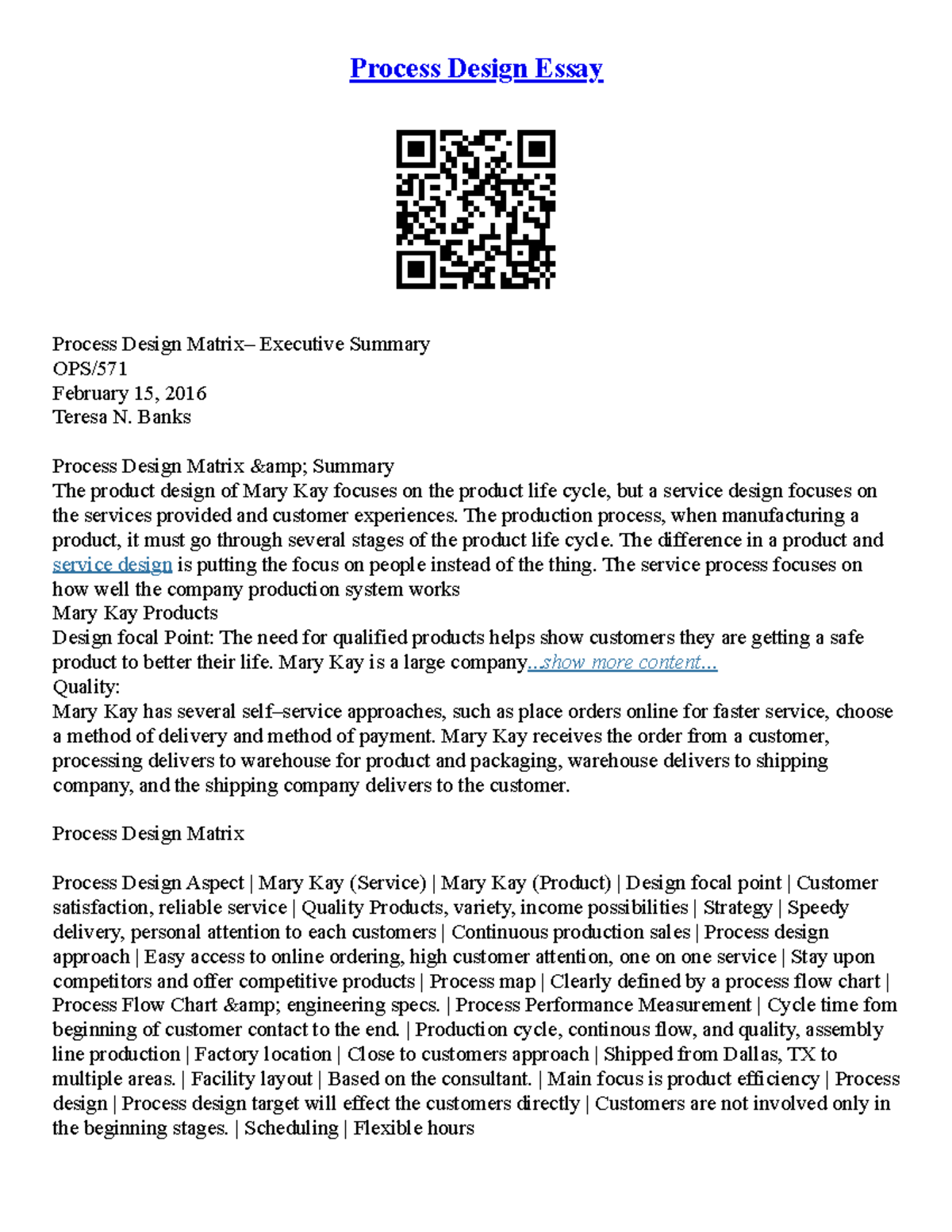 Process And Analysis Essay - Process Design Essay Process Design Matrix– Executive Summary OPS ...