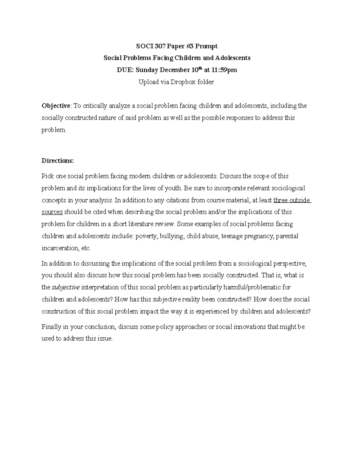 Sociology of Childhood Third paper assignment - SOCI 307 Paper Prompt ...