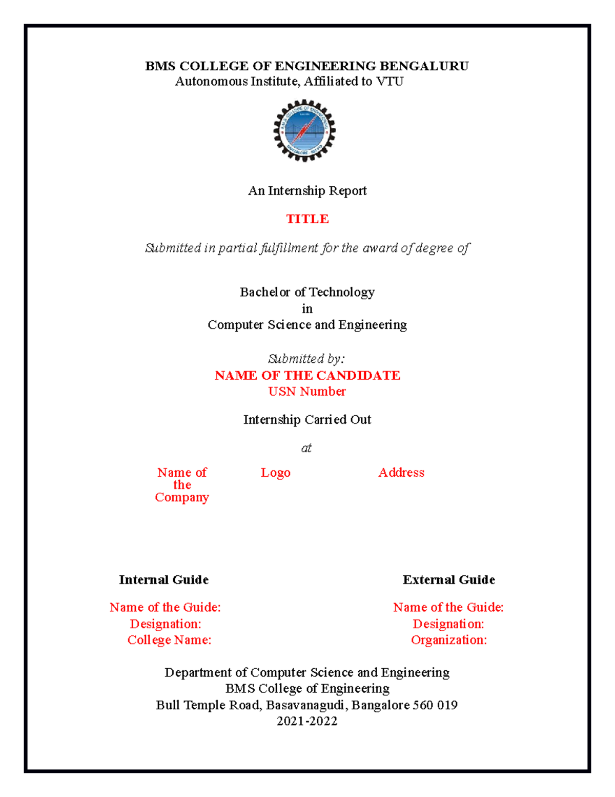 8sem Internship Report Format - BMS COLLEGE OF ENGINEERING BENGALURU ...