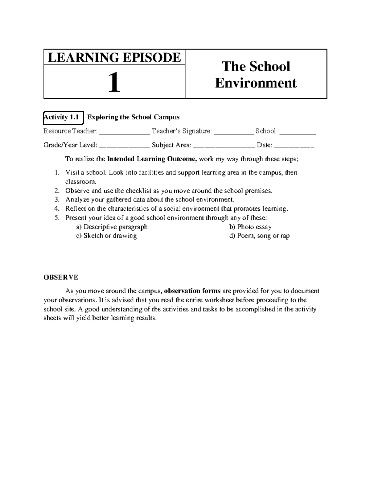 FS1 Complete- Learning- Episodes - Activity 1 Exploring the School ...