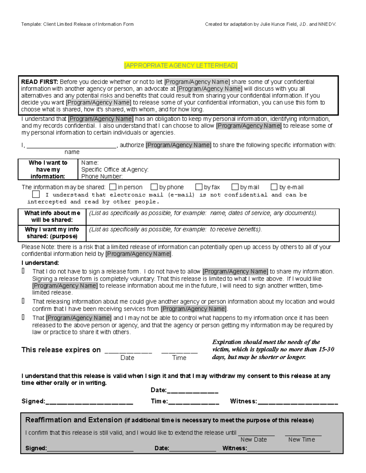 Sample Release of Information Form 23 - Expiration should meet the ...