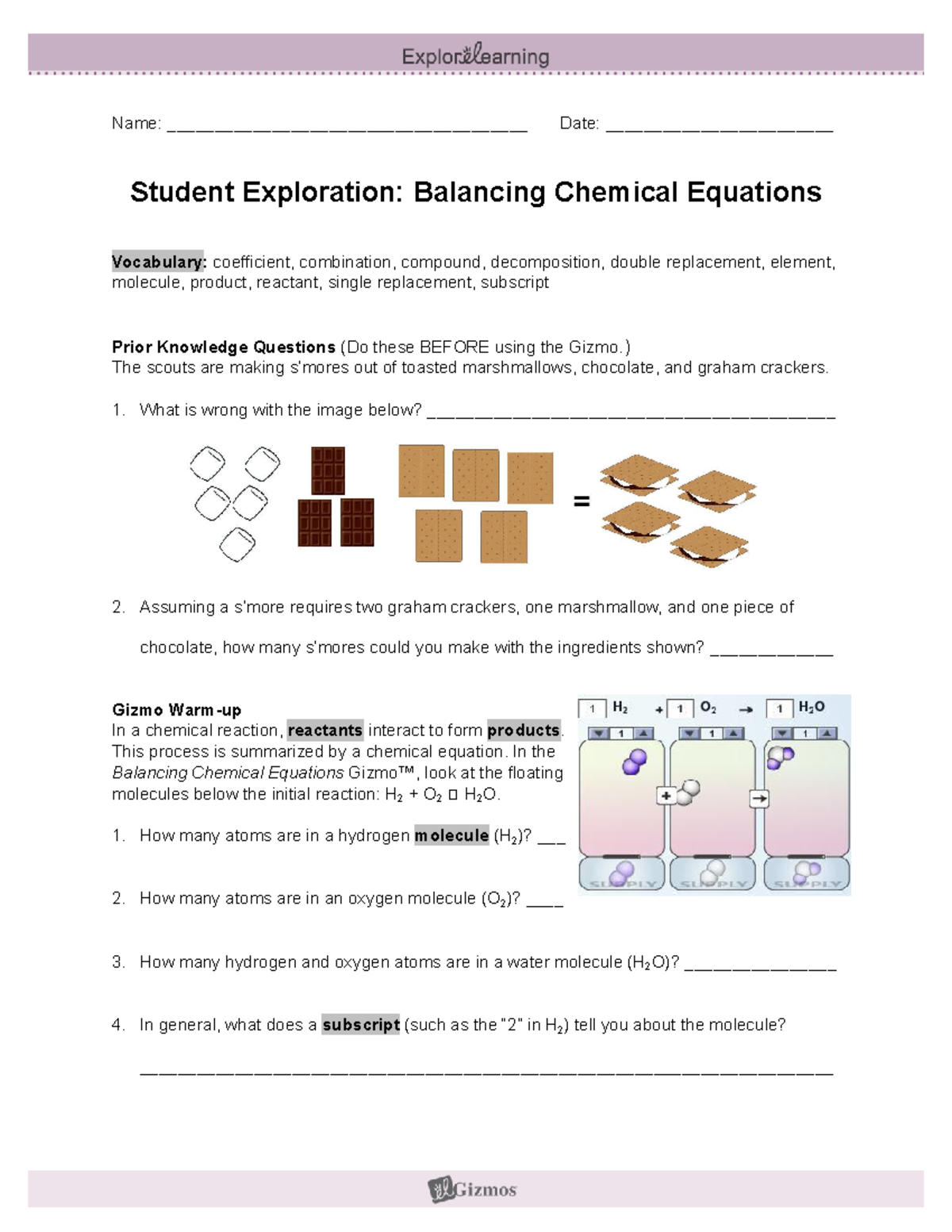 Raquel Whitford - Gizmo Balancing Chemical Equations - 14234124 - Name ...