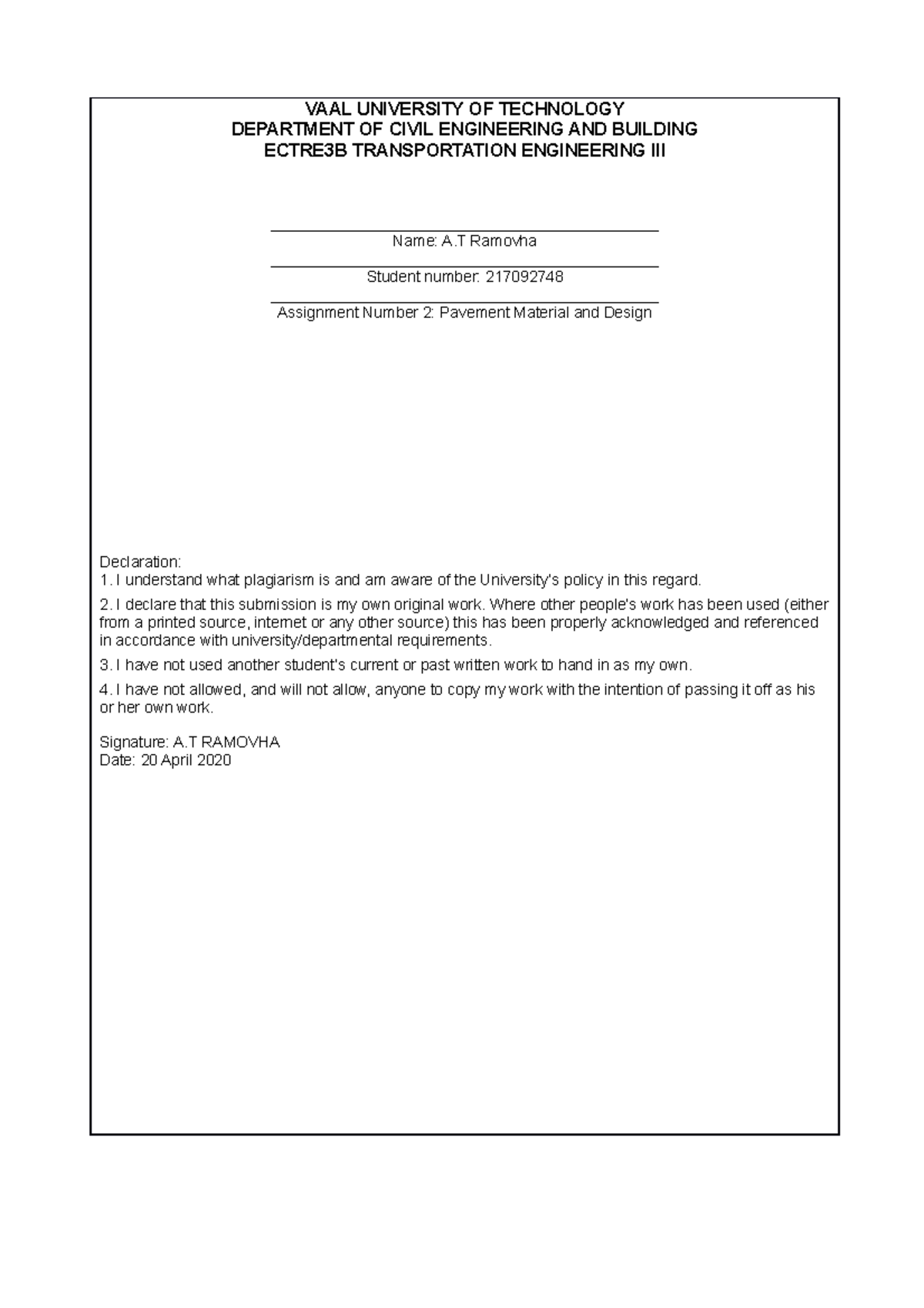 VAAL UNIVERSITY OF TECHNOLOGY DEPARTMENT OF CIVIL ENGINEERING AND ...