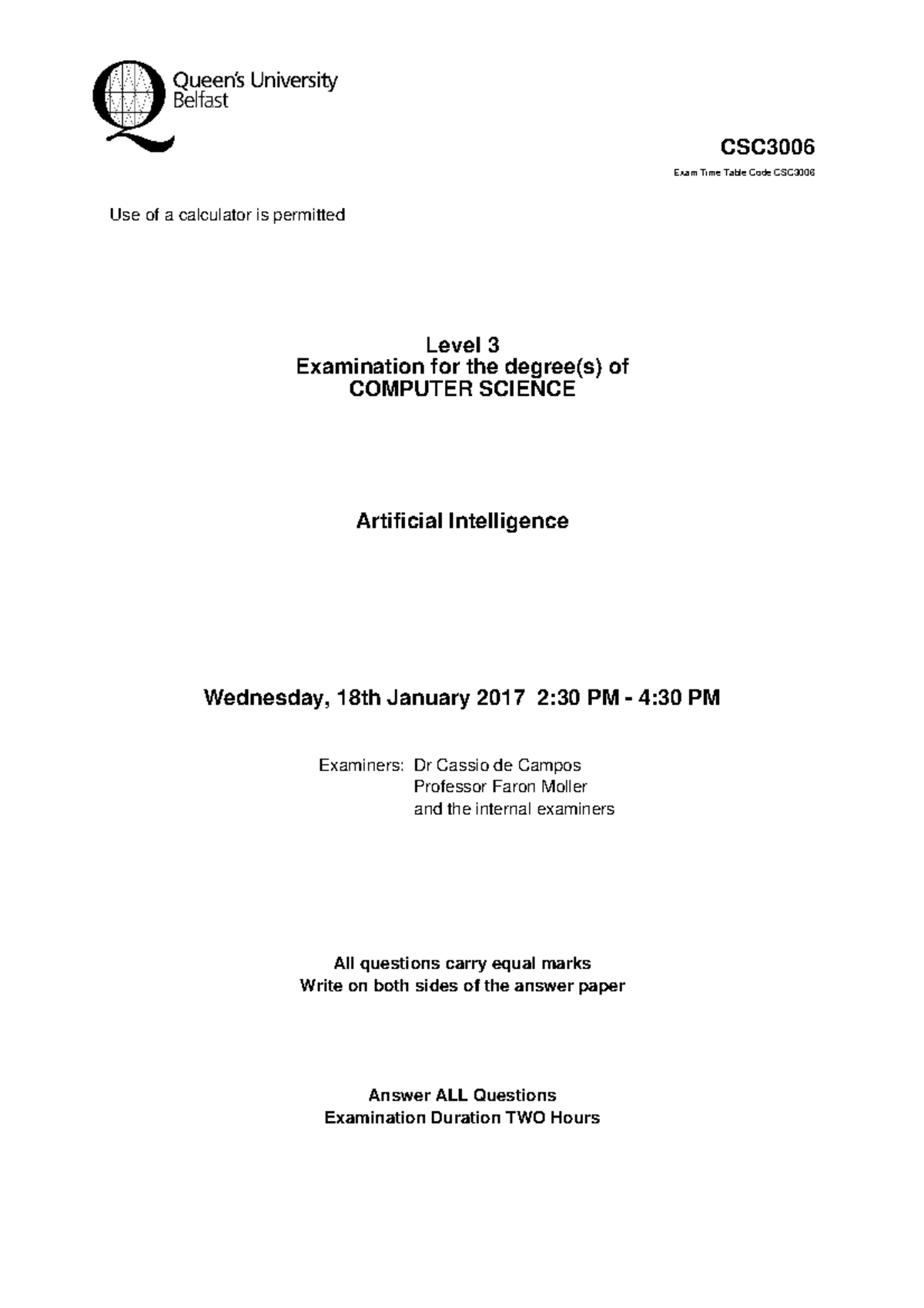 CSC3006 2161ES1 1 149 - Past paper of a.i module - CSC Exam Time Table ...