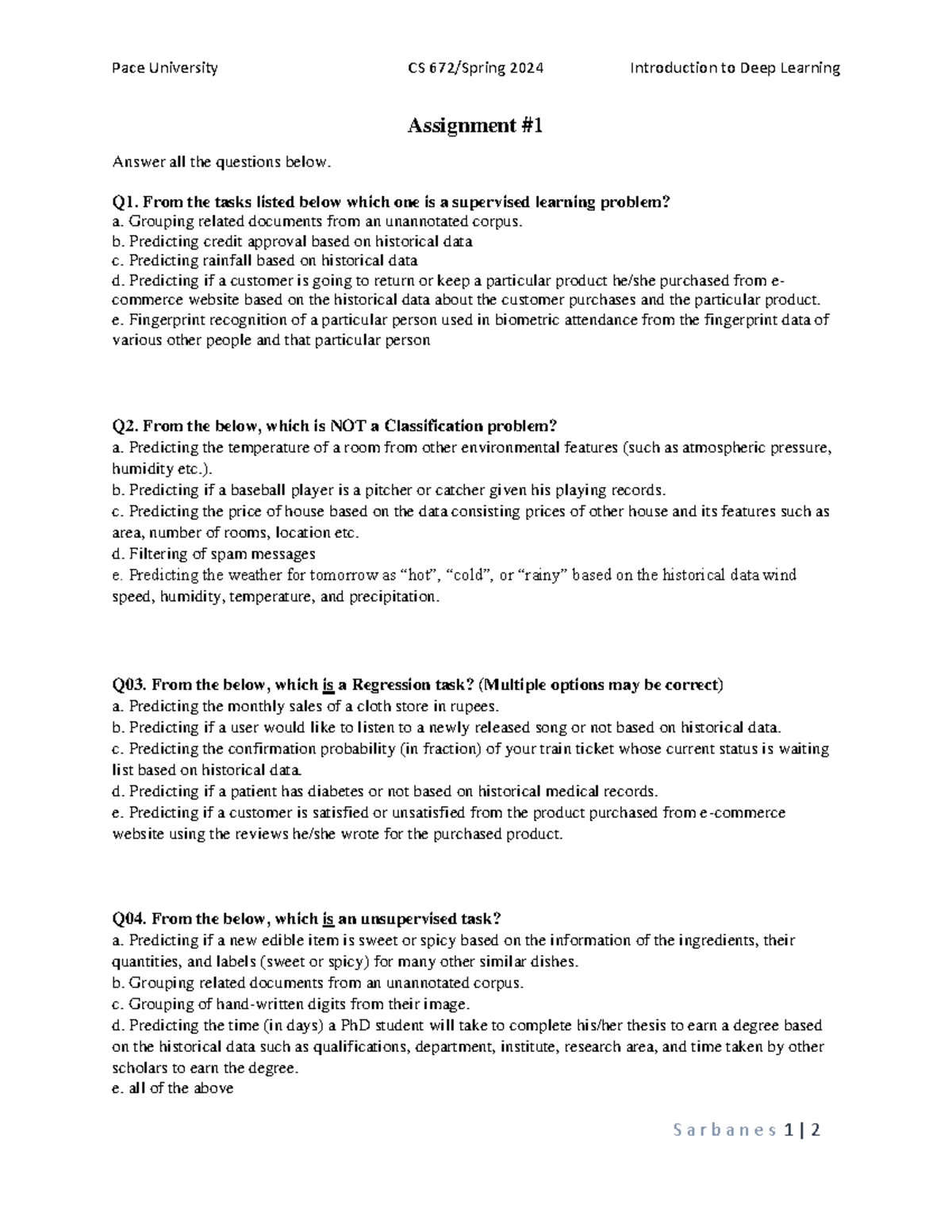 CS672-Assignment-01 - .jk - Pace University CS 67 2 /Spring 202 4 Introduction to Deep Learning ...