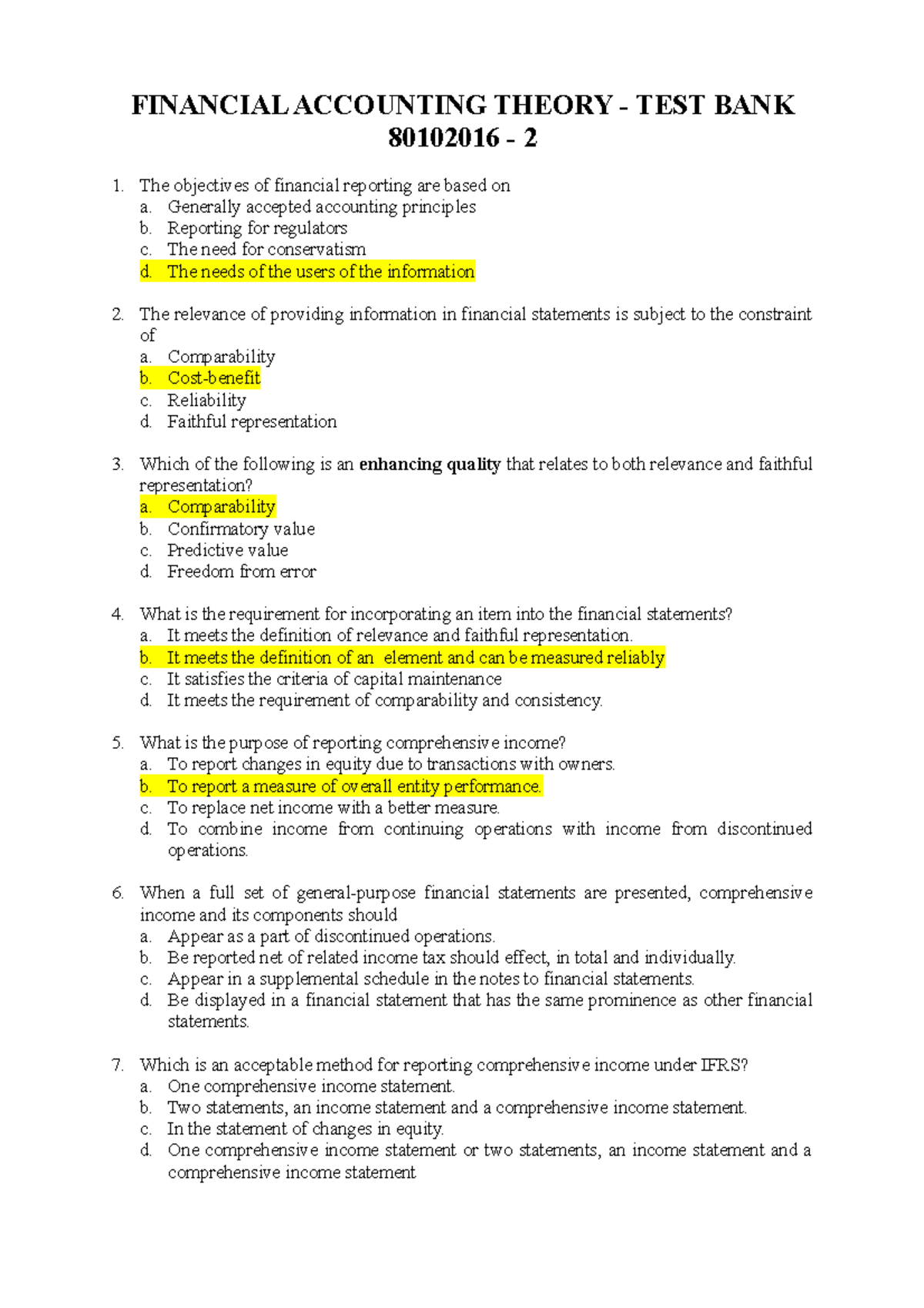 financial accounting theory - FINANCIAL ACCOUNTING THEORY - TEST BANK ...