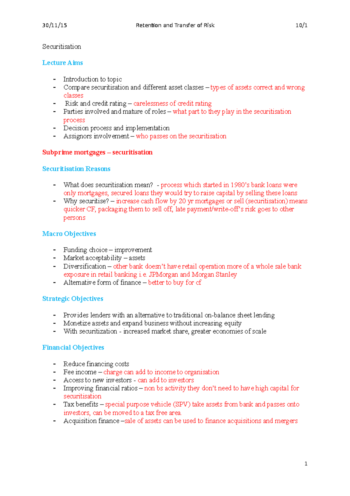 Retention and Transfer of Risk Securitisation Lecture - Studocu