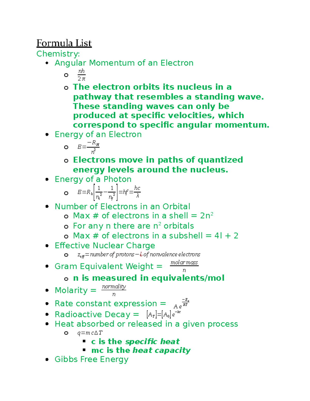 Formula List of all formulas needed for the entire class - Formula List ...